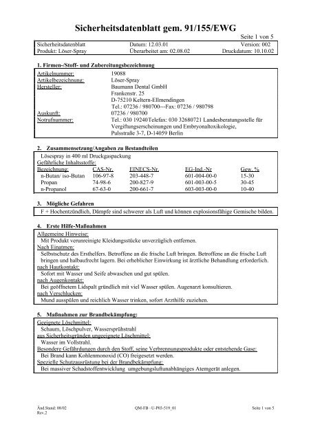 Sicherheitsdatenblatt gem. 91/155/EWG - bei der Baumann Dental ...