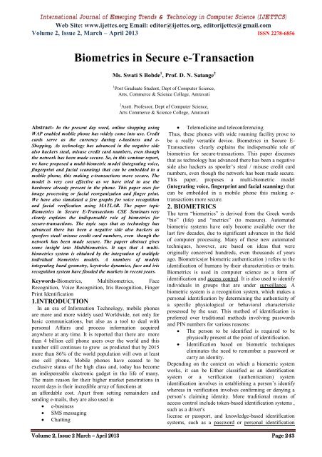 Biometrics in Secure e-Transaction - IJETTCS - International Journal ...