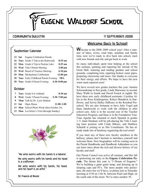 Welcome Back to School! - Eugene Waldorf School
