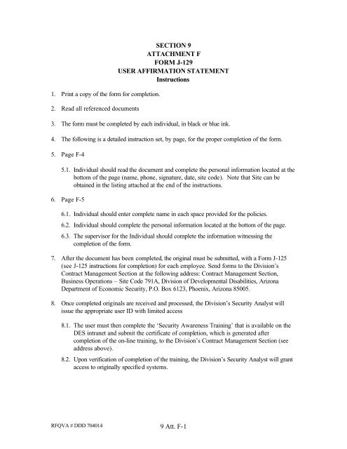 SECTION 9 ATTACHMENT F FORM J-129 USER AFFIRMATION ...