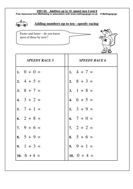 Adding numbers up to ten - speedy racing SPEEDY ... - Maths Blog
