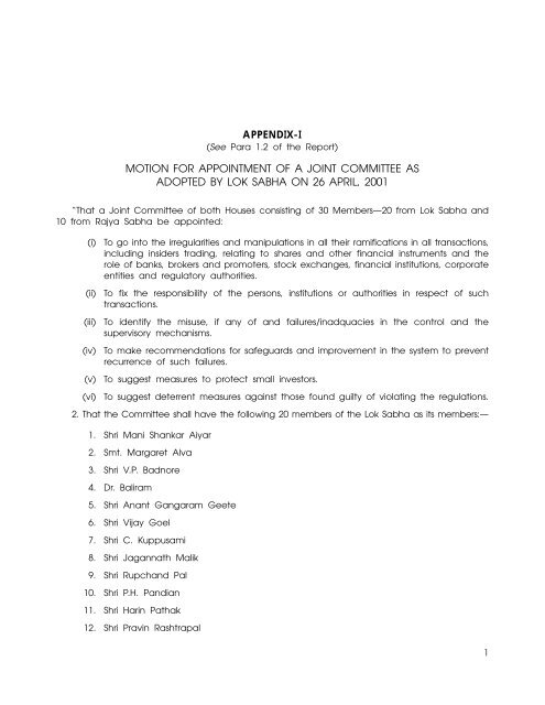 appendix-i motion for appointment of a joint committee as adopted ...