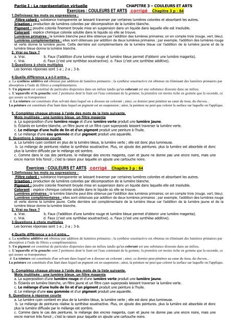Exercices : COULEURS ET ARTS corrigÃ© Chapitre 3 p : 64 ...