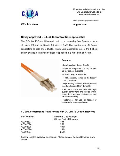 CC-Link IE Control certified fibre optic cable - CC-Link News
