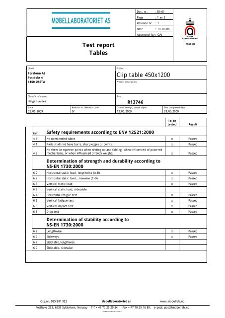 Test report Tables Clip table 450x1200 - Foraform