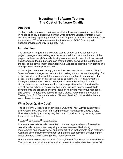 Investing in Software Testing: The Cost of Software Quality