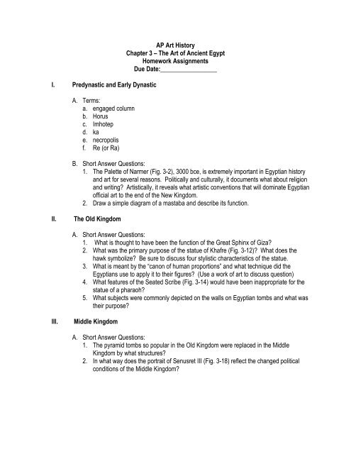 AP Art History CH. 3 Art of Ancient Egypt HW 2009