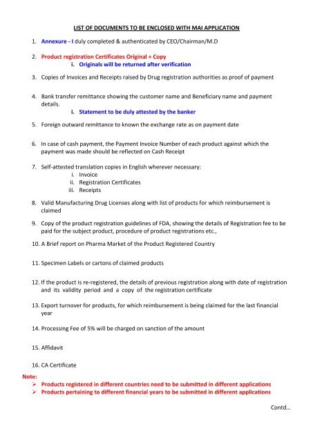List of Documents to be enclosed with MAI Application