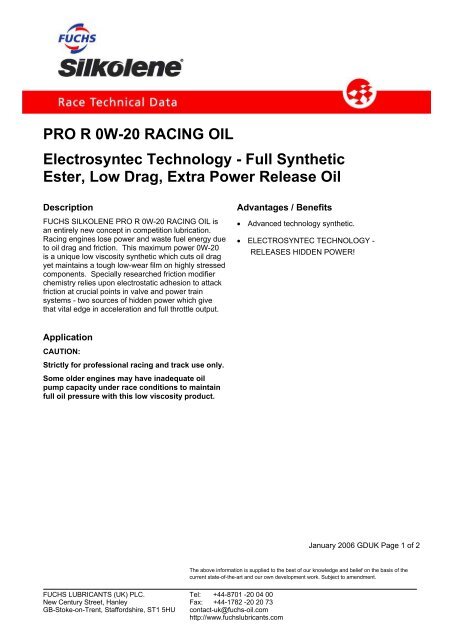 PRO R 0W-20 RACING OIL Electrosyntec Technology ... - Opie Oils