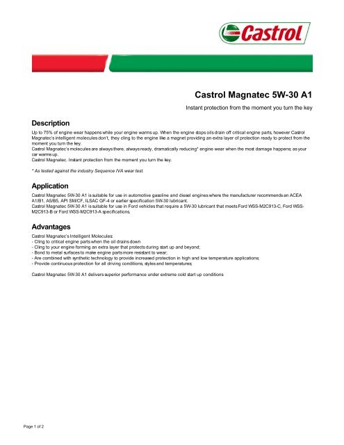 Castrol Magnatec 5W-30 A1 - Castrol - PDS & MSDS Search