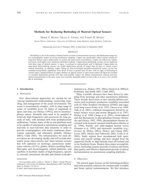 Methods for Reducing Biofouling of Moored Optical Sensors