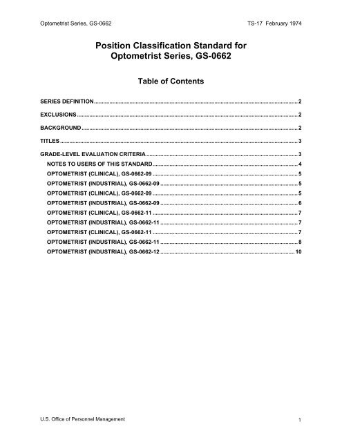 Position Classification Standard for Optometrist Series, GS-0662