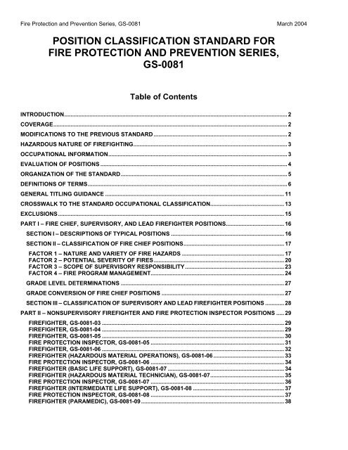 Position Classification Standard for Fire Protection and Prevention ...