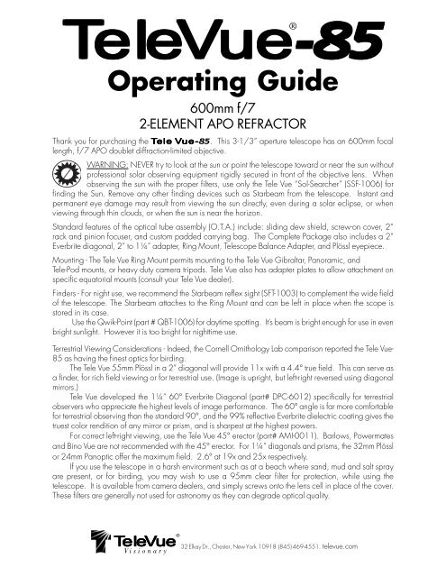 Tele Vue-85 Operating Guide - Oceanside Photo and Telescope