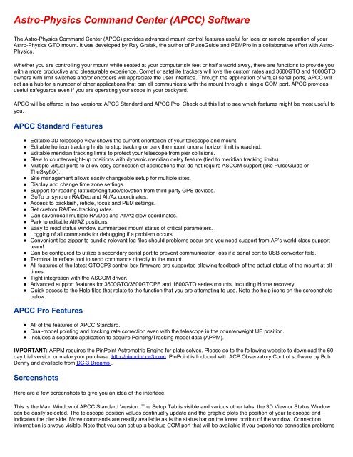 Astro-Physics Command Center (APCC) Software