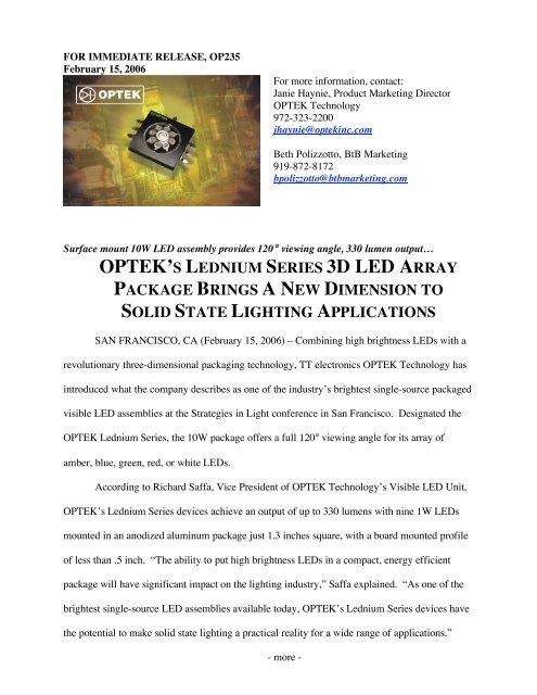 OPTEK'S LEDNIUM SERIES 3D LED ARRAY - OPTEK Technology