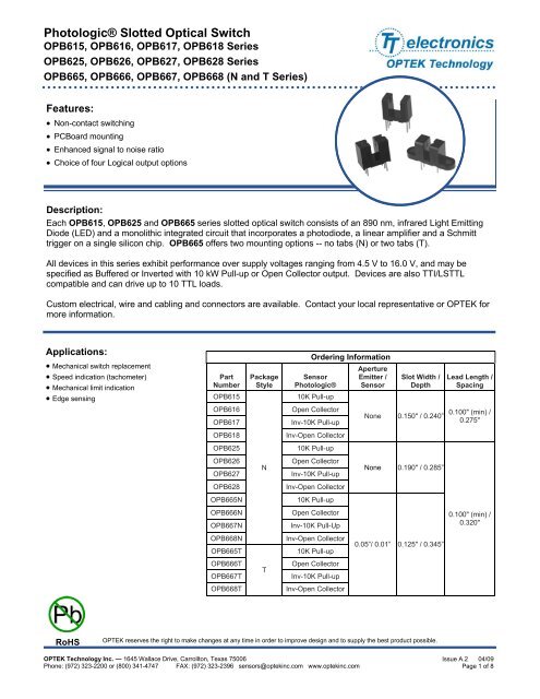 datasheet: pdf - OPTEK Technology