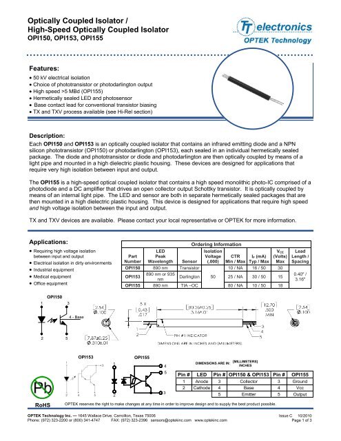 datasheet: pdf - OPTEK Technology