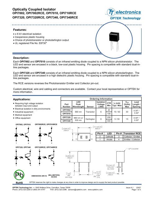 OPI7002 Datasheet - OPTEK Technology