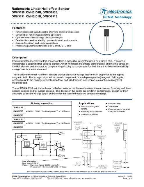 Ratiometric Linear Hall-effect Sensor - OPTEK Technology