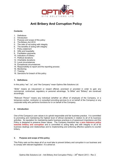 Anti Bribery And Corruption Policy - Optima Site Solutions