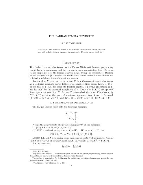 THE FARKAS LEMMA REVISITED The Farkas Lemma, also known ...