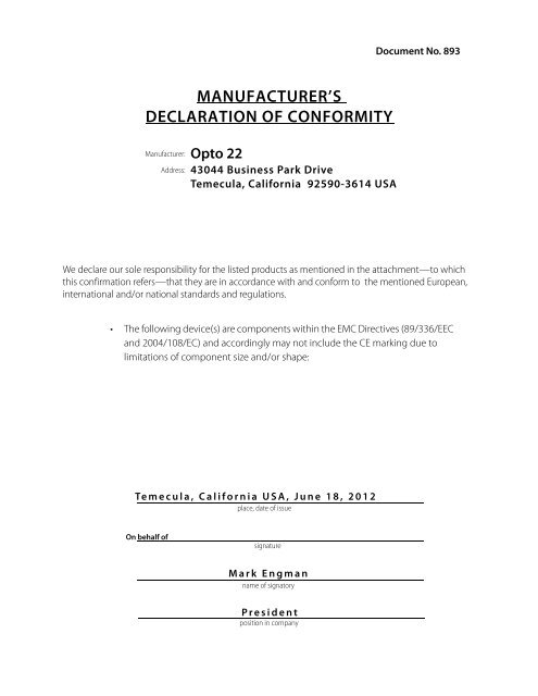 MANUFACTURER'S DECLARATION OF CONFORMITY - Opto 22