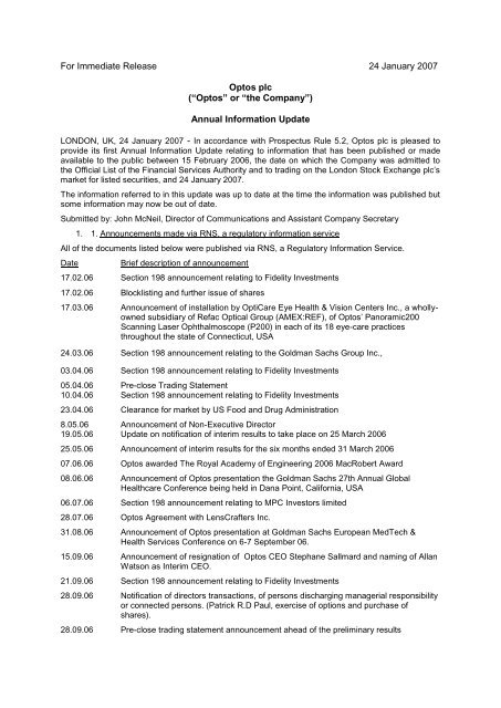 Annual Information Update - Optos