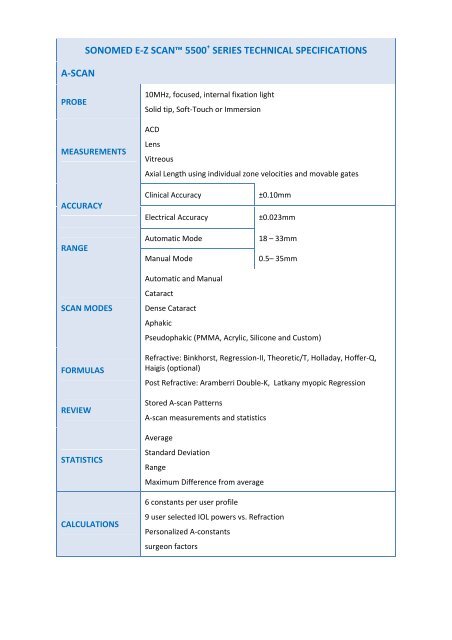 sonomed ez scan™ 5500 series technical specifications a ... - Optos