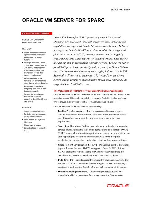 Oracle VM Server for SPARC Data Sheet Oracle VM Server for SPARC Data Sheet