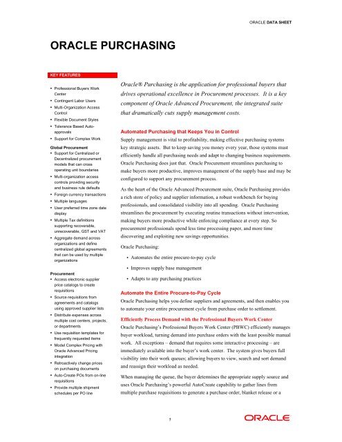 Oracle Purchasing Data Sheet