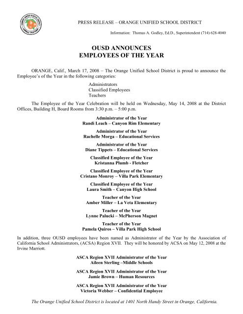 ousd announces employees of the year - Orange Unified School ...