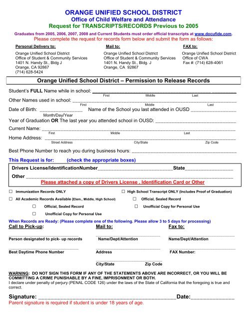 Transcript/Records Request - Orange Unified School District