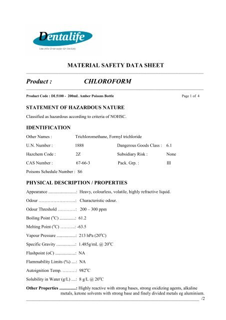 Chloroform Msds Chloroform – DRM CHEM