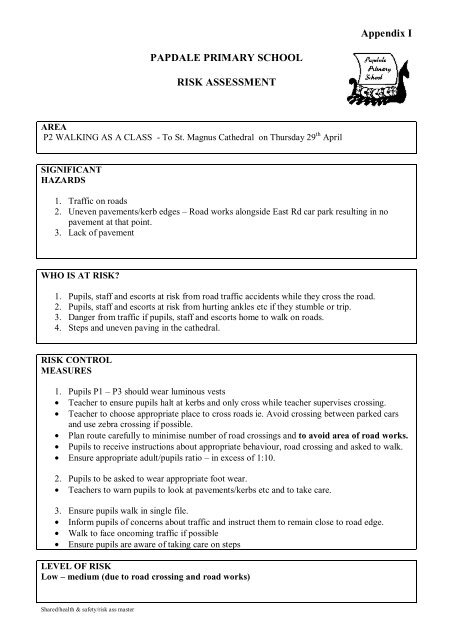 Papdale Primary School Cathedral Class Walk Risk Assessment