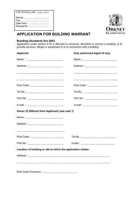 Building Warrant Application Form - Orkney Islands Council