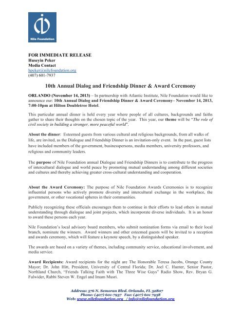 10th Annual Dialog and Friendship Dinner & Award Ceremony