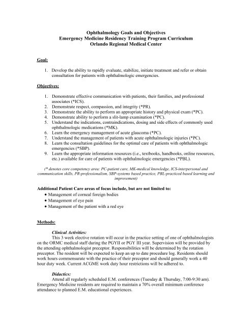Ophthalmology Goals and Objectives Emergency ... - Orlando Health