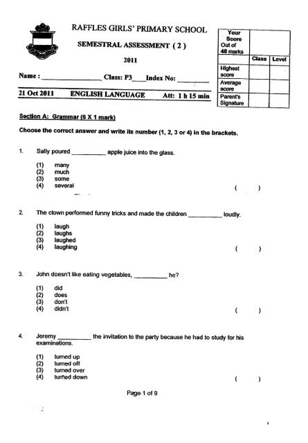 raffles girls' primary school semestral assessment ( 2 ) - Orlesson.com