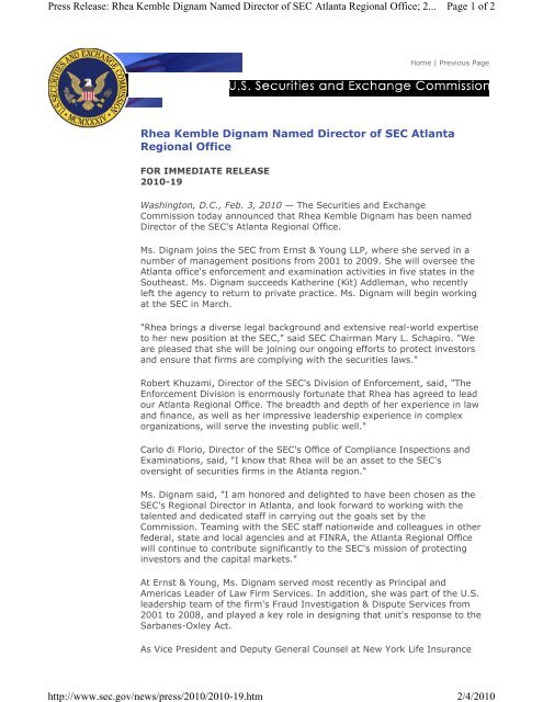 Rhea Kemble Dignam Named Director of SEC Atlanta Regional ...