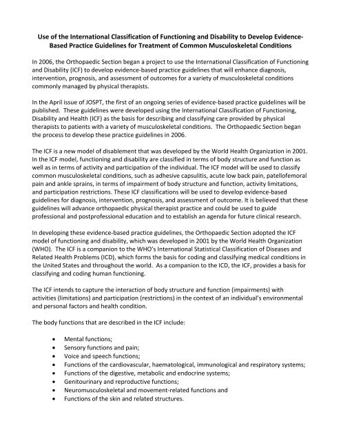 Use Of The International Classification Of Functioning And Disability