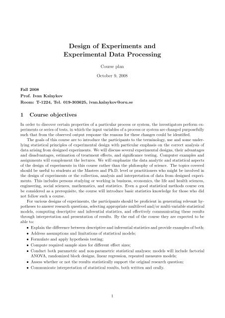 Design Of Experiments And Experimental Data Processing