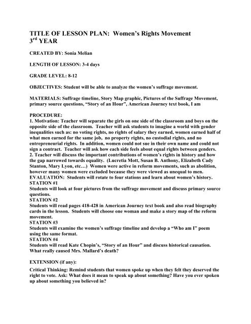 TITLE OF LESSON PLAN: Women's Rights Movement 3 YEAR
