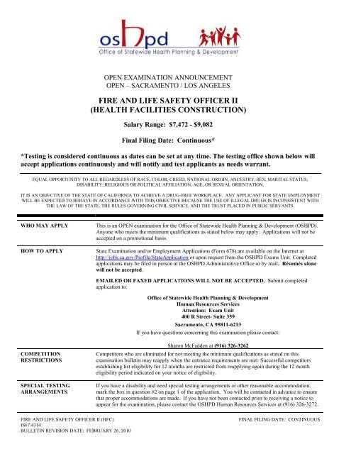 Fire and Life Safety Officer II - Office of Statewide Health Planning ...