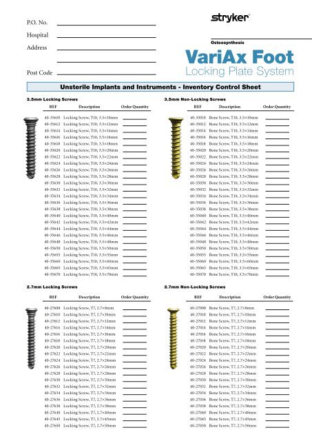 VariAx Foot Inventory - Stryker