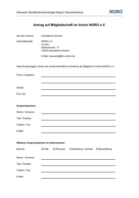 Antrag auf Mitgliedschaft im Verein NORO e.V. - Region ...