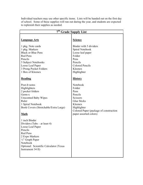 School Supplies List For 7th Grade