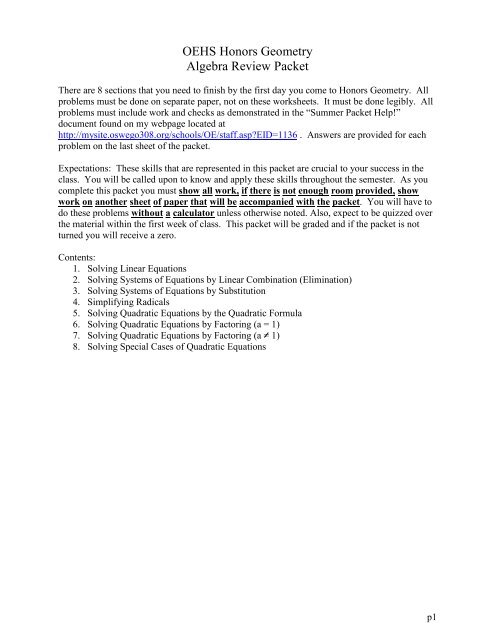 OEHS Honors Geometry Algebra Review Packet