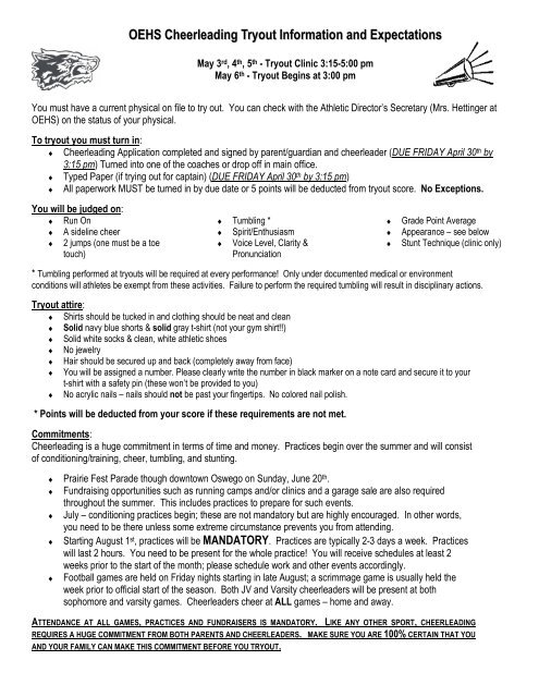 OEHS Cheerleading Tryout Information and Expectations - Oswego ...