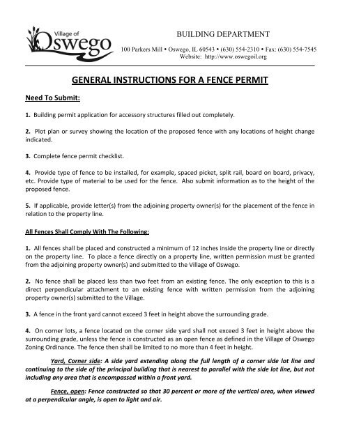 GENERAL INSTRUCTIONS FOR A FENCE PERMIT